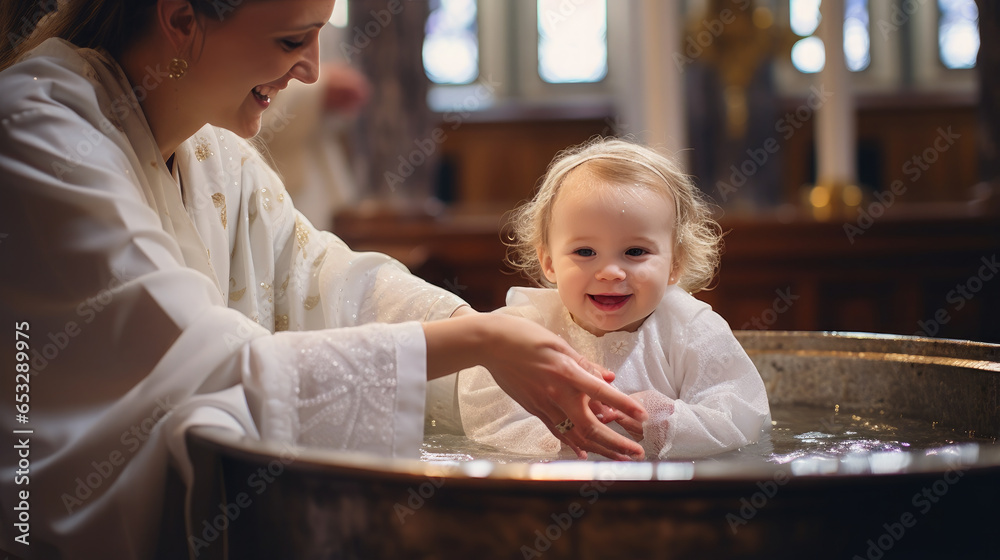 Generative AI, sacrament of baptism of a small child in a Christian ...