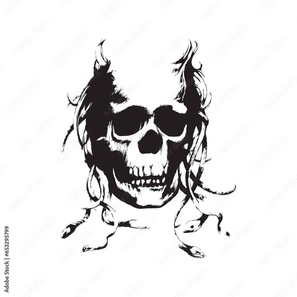 Dangerous Devil Evil Skull Snakes coming out black on white background ...