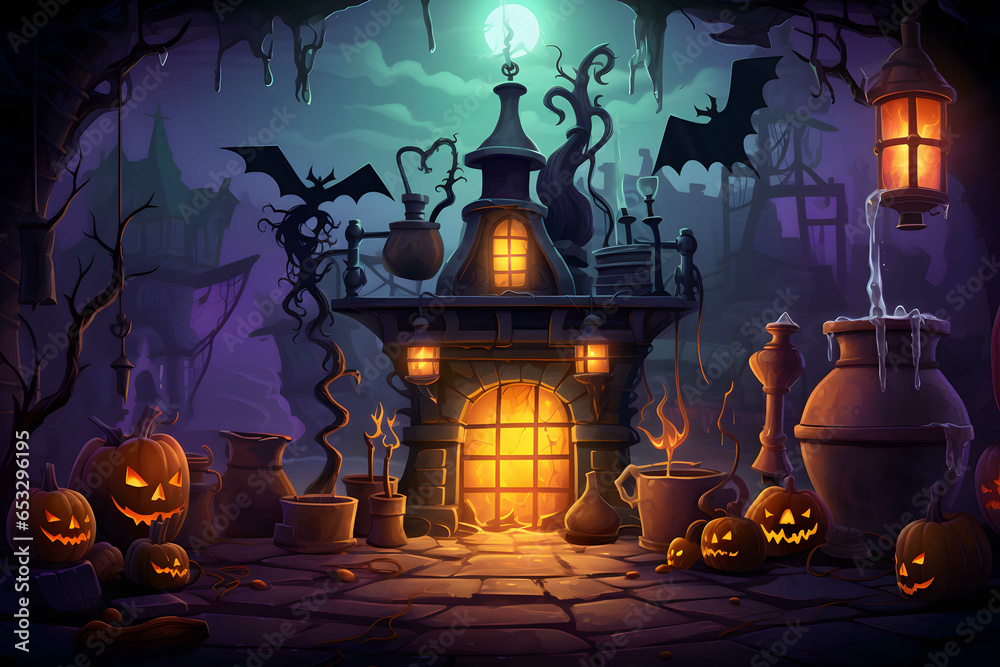 Halloween vector background portraying a witch's lair with bubbling ...