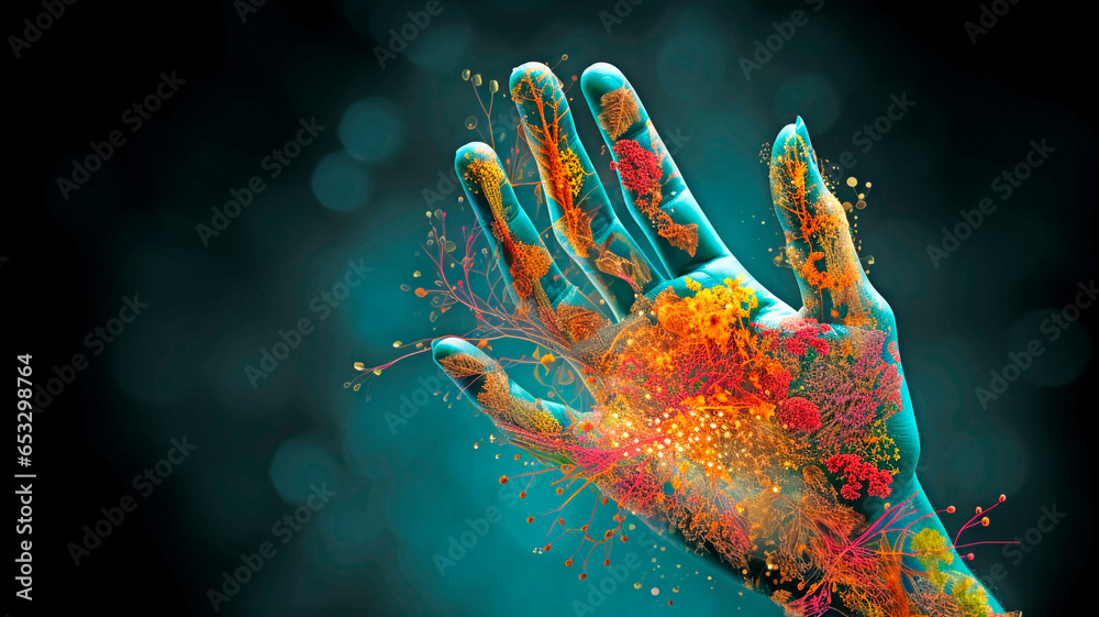 A hand showing bacteria. Human microbiota, the bacteria and ...