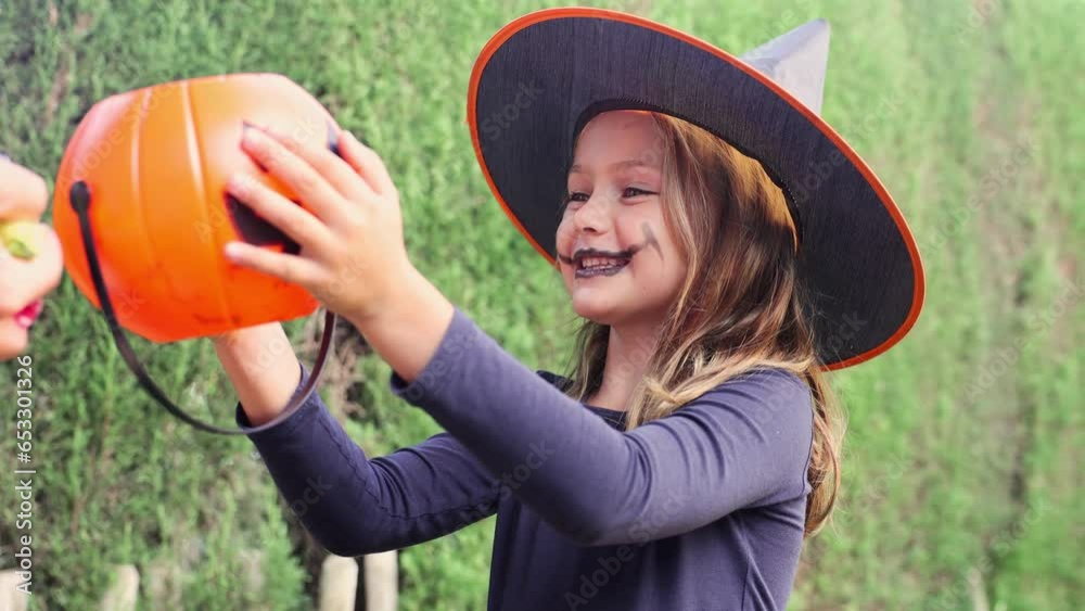 Video portrait happy face girl trick or treat Halloween excited ...