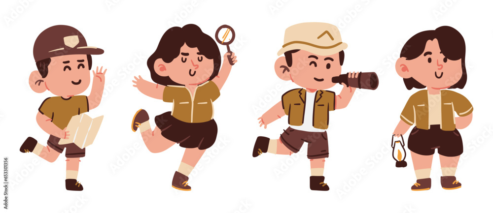 Children with adventure uniform . Hand drawn style . Set of cute ...