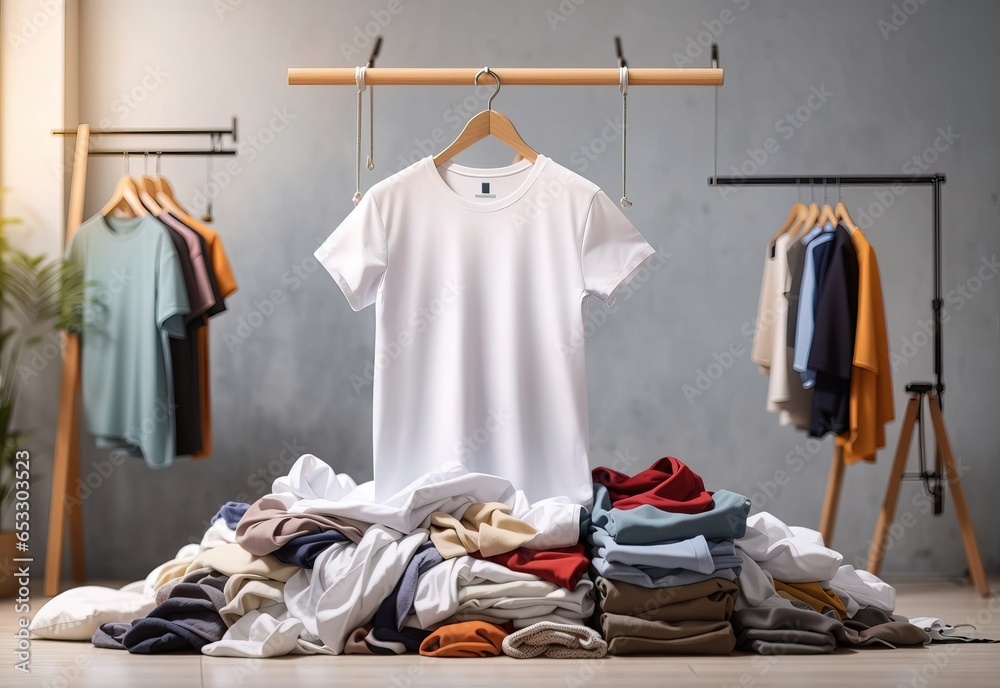 Classic white t-shirt mock up with pile of clothes on the hang on a ...
