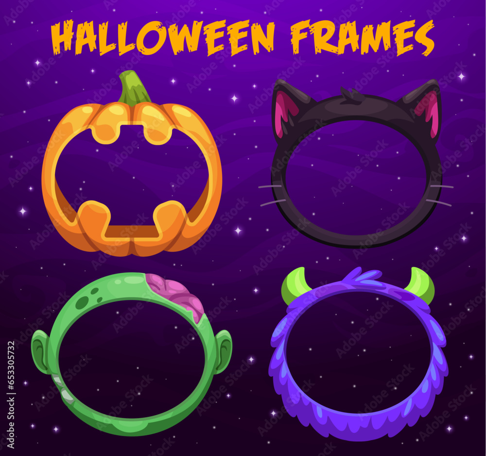 Cartoon Halloween avatar frames, vector game ui. Circle borders in ...