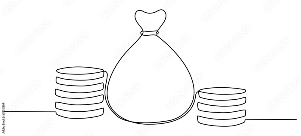 Money bag with coins stack continuous one line drawing. Business ...