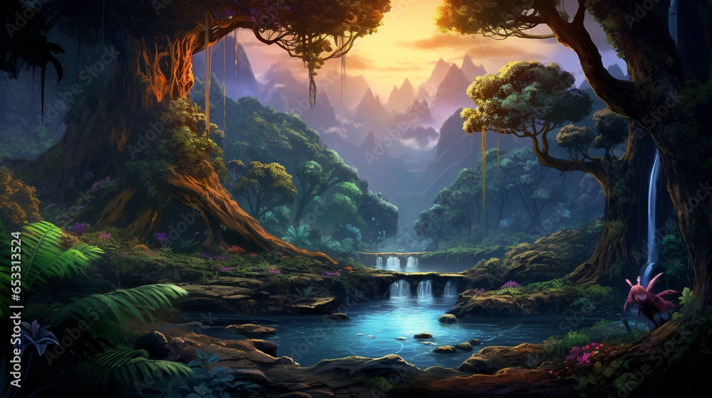 Fantasy and magical illustration of a tropical rainforest during the ...
