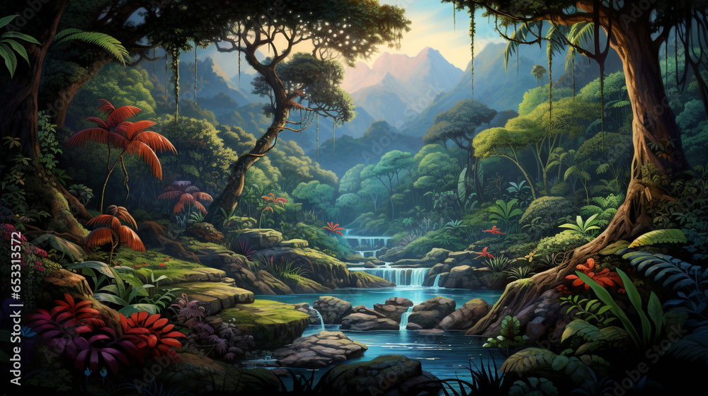 Fantasy and magical illustration of a tropical rainforest during the ...