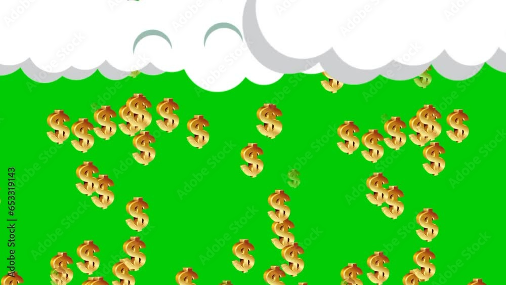 Rain and cloud gold shiny currency money animated icon on green screen ...