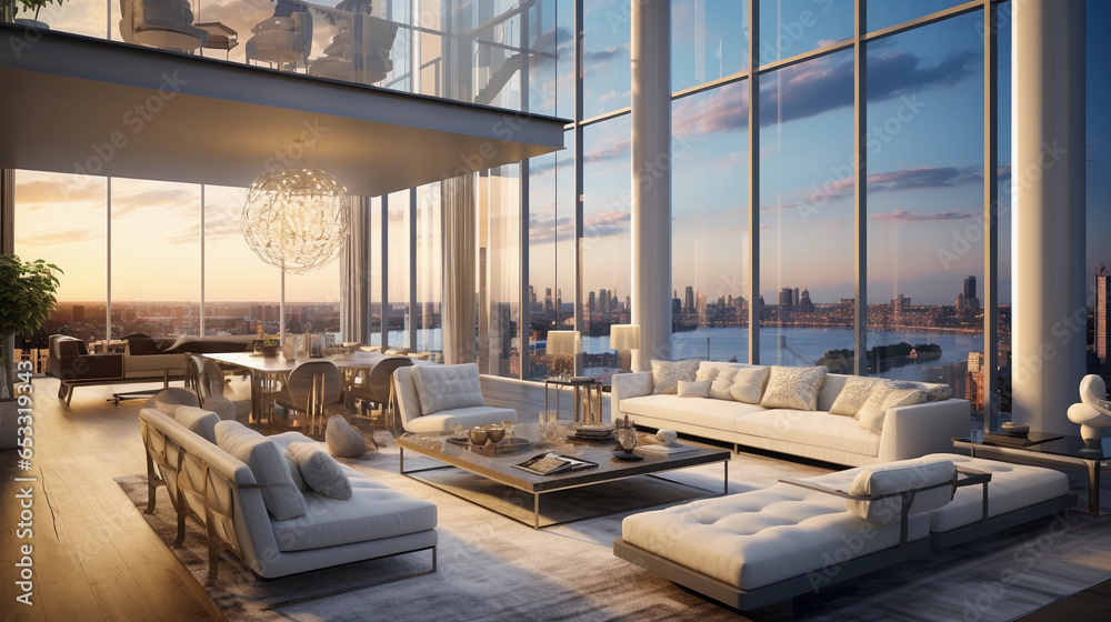 Open-concept penthouse with floor-to-ceiling windows. Sky-high luxury. A modern space offering ...