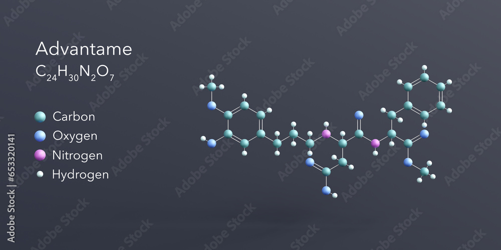 advantame molecule 3d rendering, flat molecular structure with chemical ...