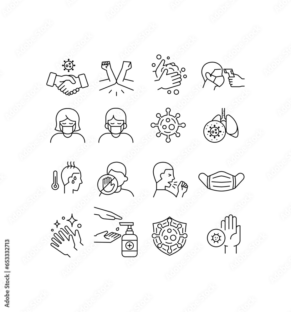 Coronavirus symptoms, precautions sign. mask, fever check scanner ...