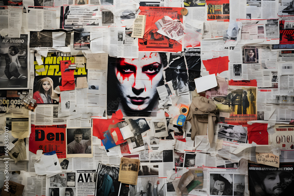 investigation paper cuting pasted on bord like a spy annalisis on wall ...