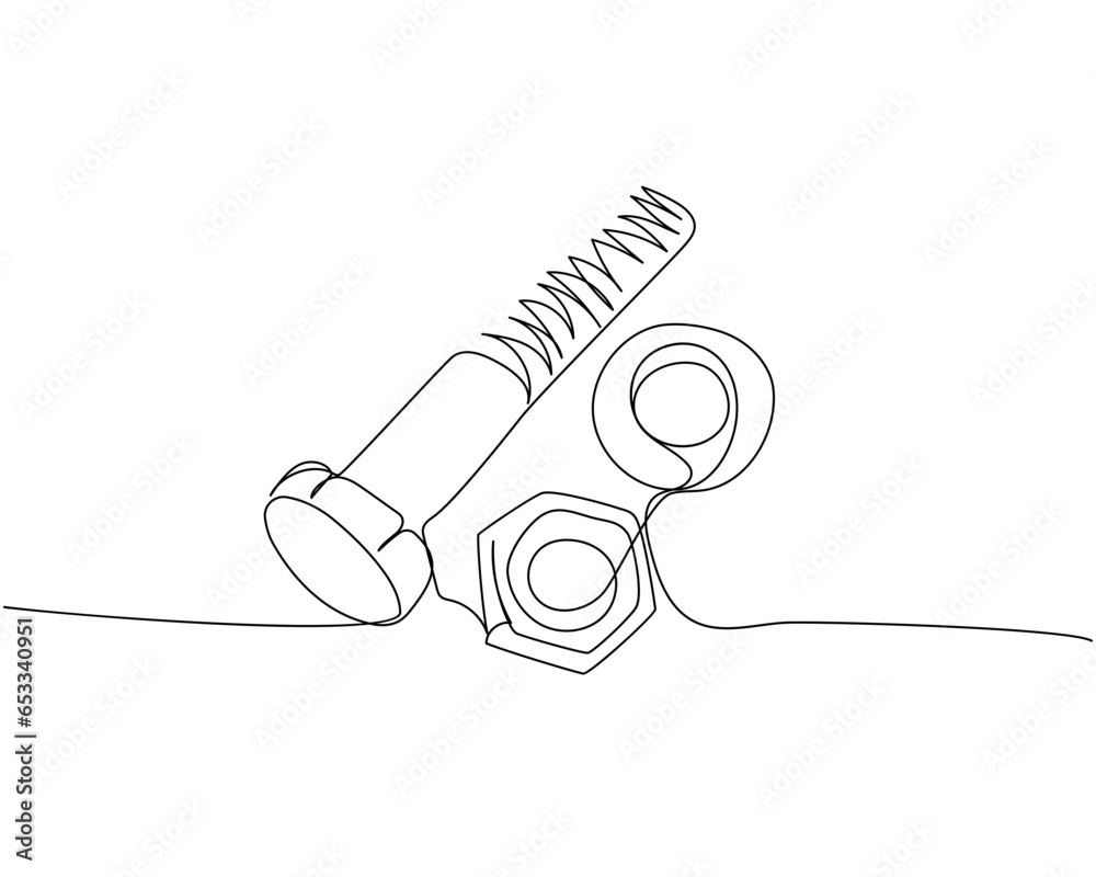 Screw, bolt and nut, dowel, pin, pintle one line art. Continuous line ...