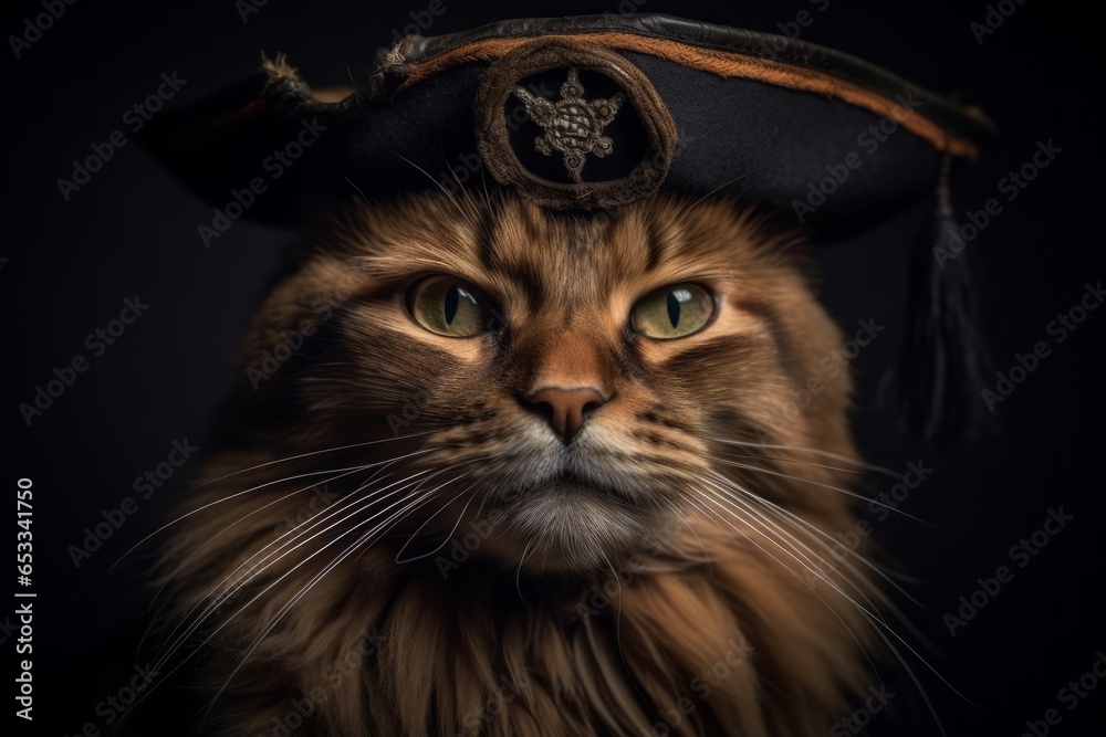 Headshot portrait photography of a happy somali cat wearing a pirate ...