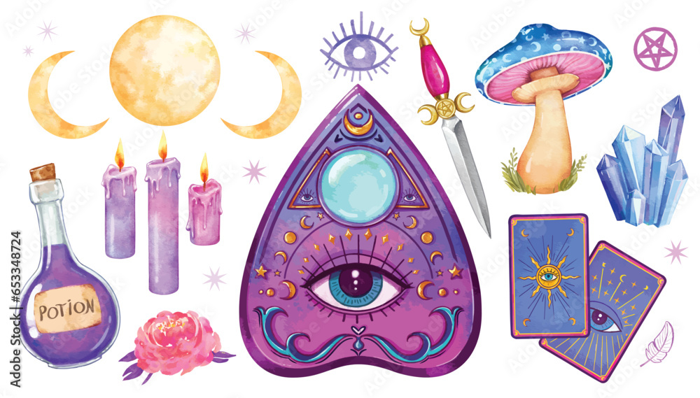 A set of mystical magic and spiritual witchcraft items. Ouija board ...