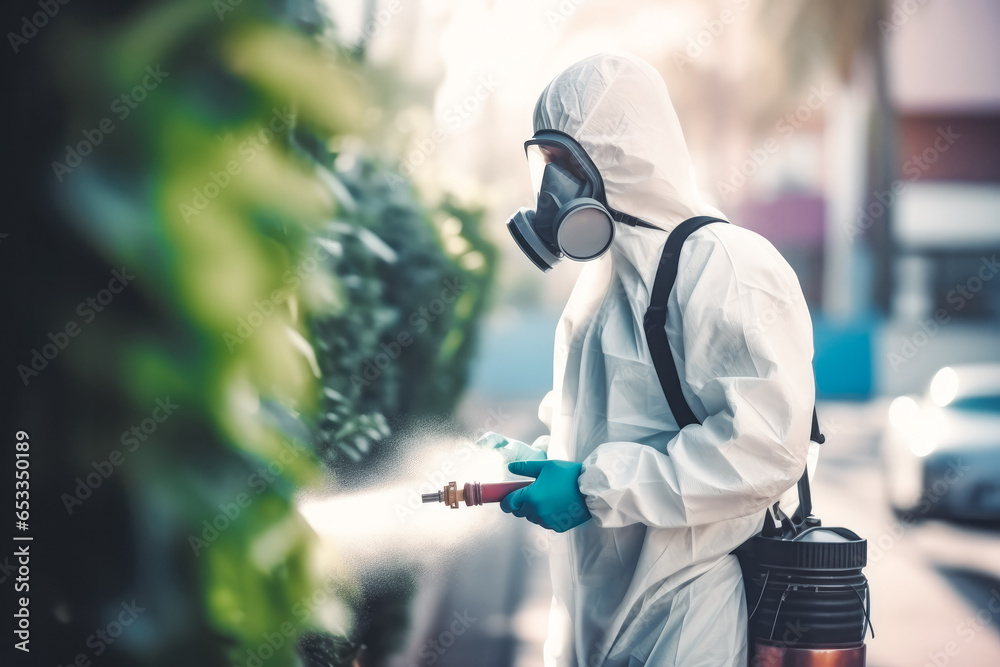 Pest control worker in uniform and respirator spraying insecticides and ...