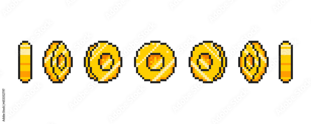 Game ui golden coin rotation stages 16-bit. Pixel art animation gold ...