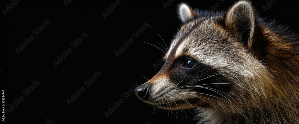 Raccoon head in profile or side close up. Panoramic image of the ...