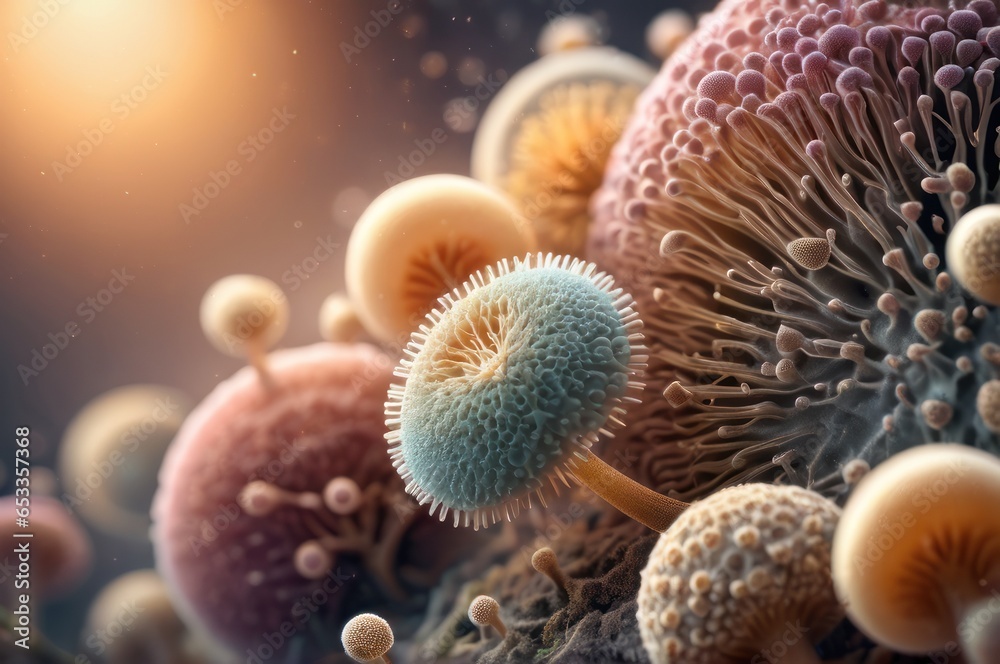 Virus cells or bacterias or fungus under electronic microscope. Germs ...