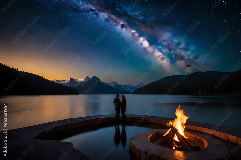 beautifull bone fire viewa at the bank of the sea with dark and deep ...