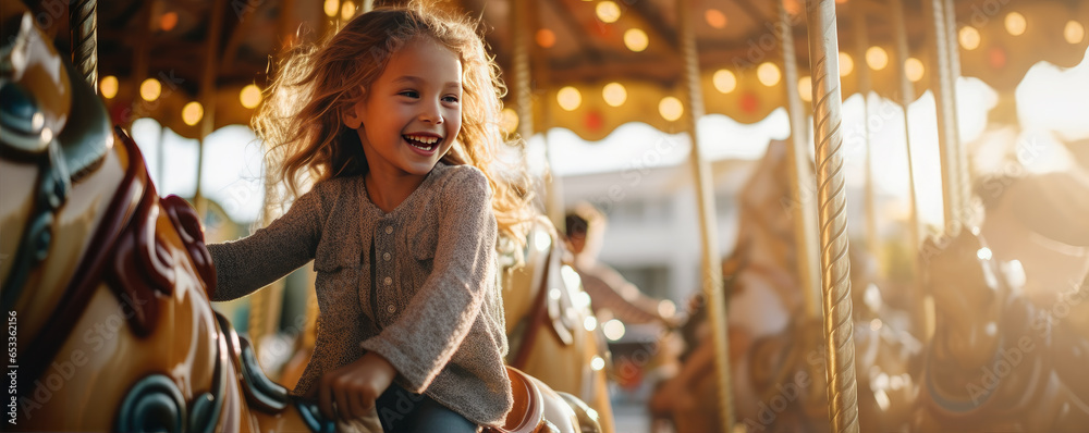 happy cute little girl having fun on a carousel in an amusement park ...