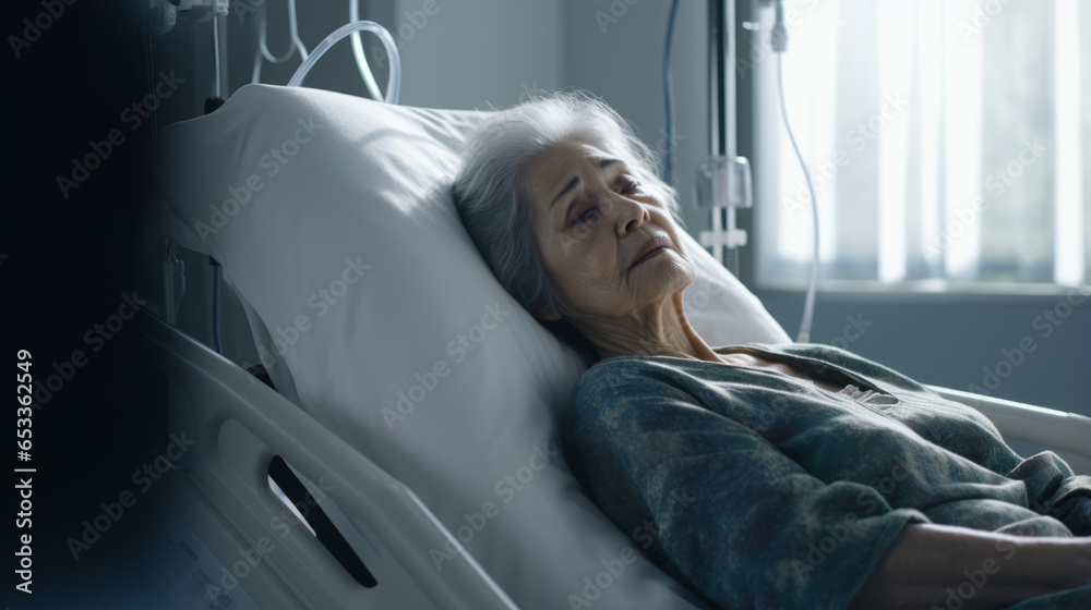 Sick patient woman in hospital bed recovering from illness while lying ...