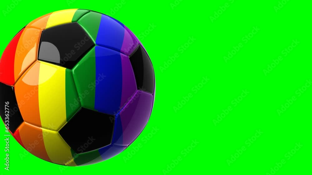 Rainbow colored soccer ball on green chroma key text space. LGBT ...