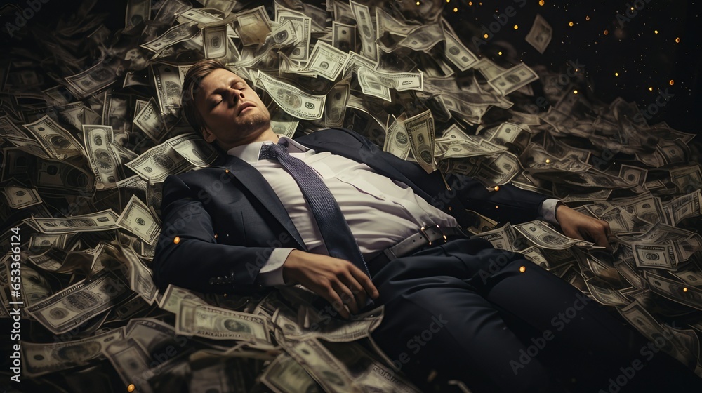 Man in suit sleeping in a big pile of cash money. Concept to show debt ...