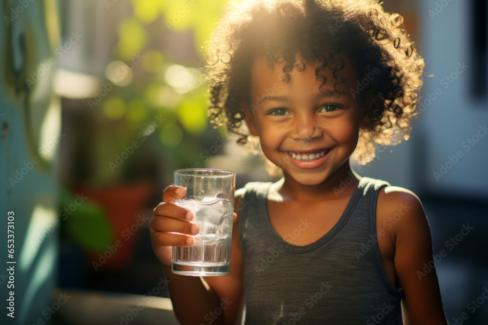 Pretty little back child drinking fresh water on sunny summer day at home. Cute preschool kid ...