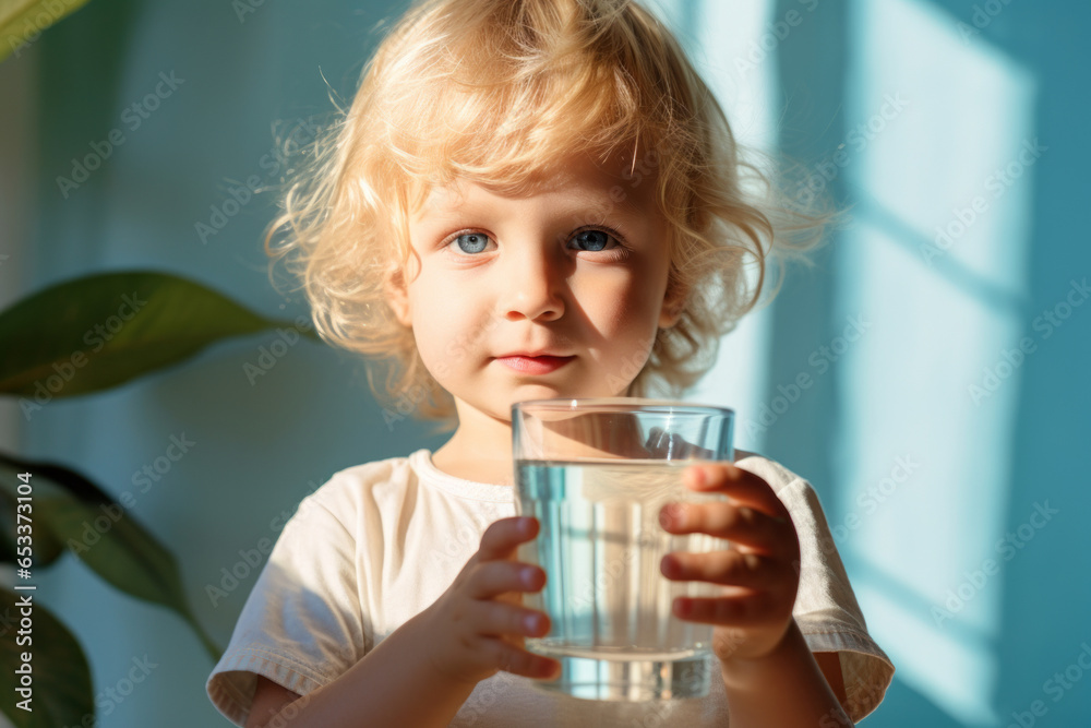Pretty little child drinking fresh water on sunny summer day at home ...