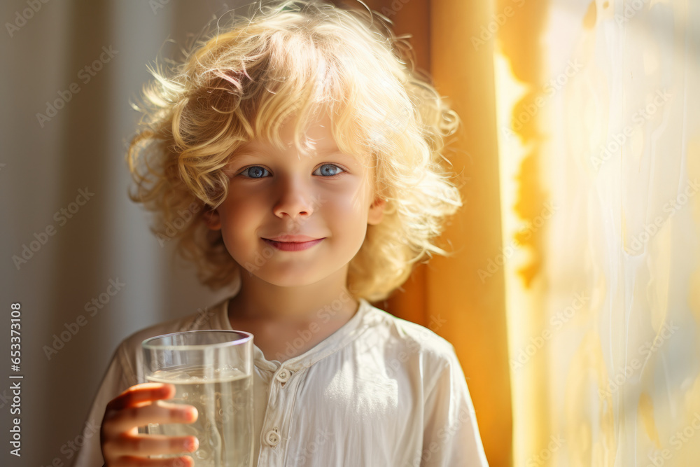 Pretty little child drinking fresh water on sunny summer day at home ...