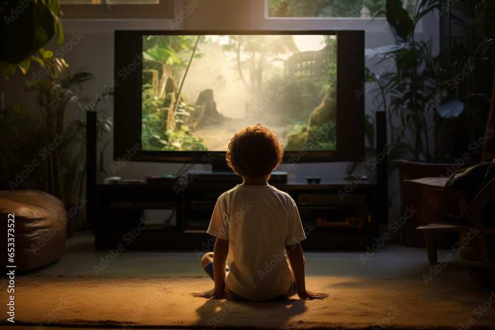 Back view of a little boy sitting in front of tv. Child watching ...