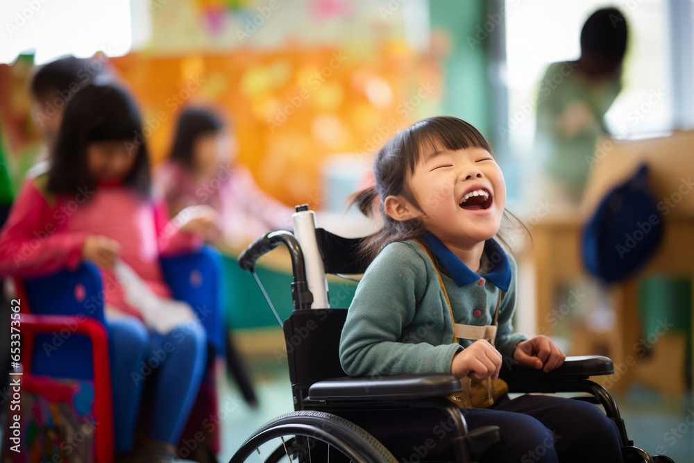 Cheerful little girl sitting in a wheelchair in kindergarten. Disabled ...
