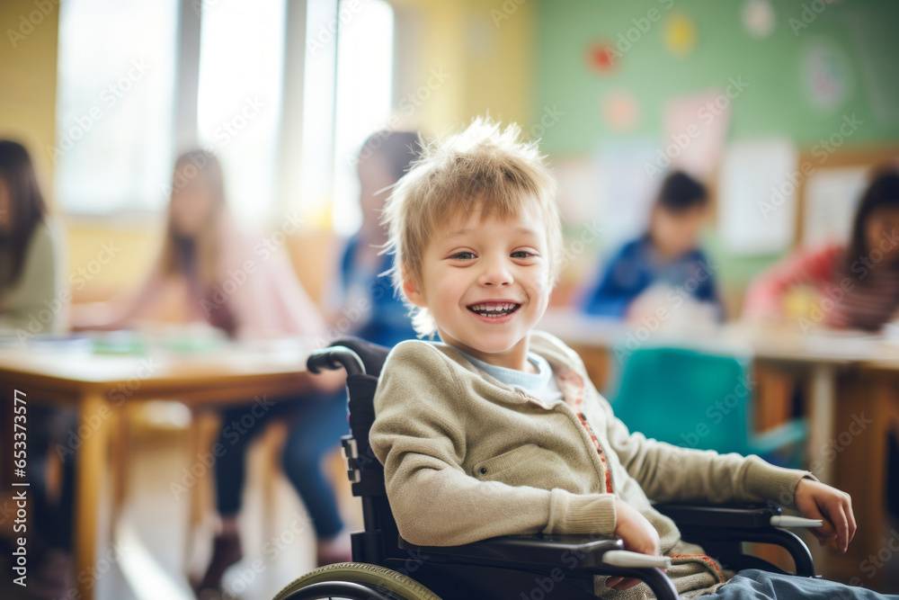 Cheerful little boy sitting in a wheelchair in kindergarten. Disabled ...