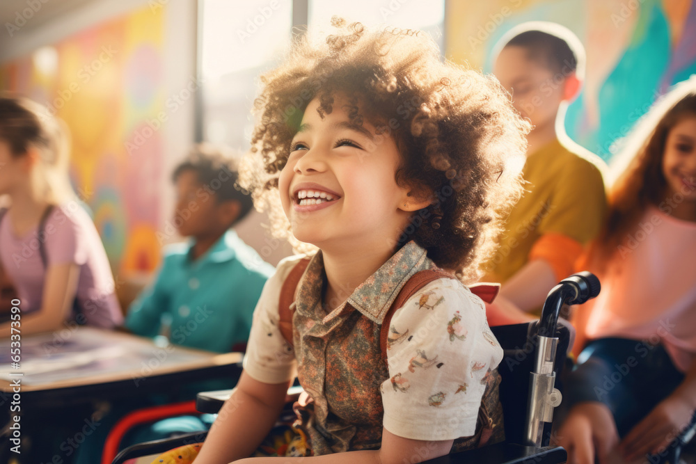 Cheerful little boy sitting in a wheelchair in kindergarten. Disabled ...