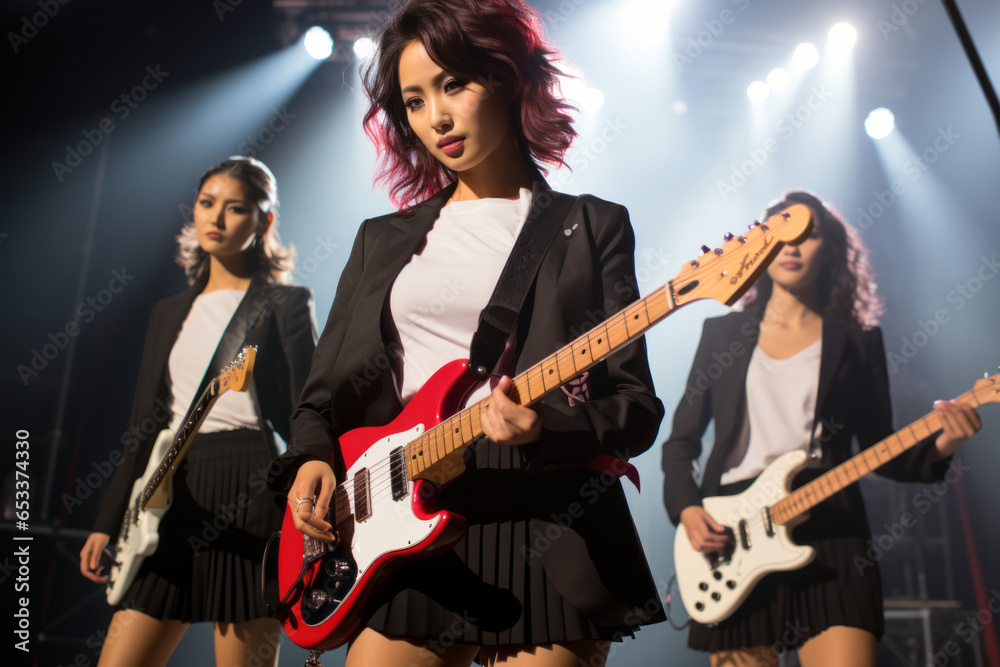 Beautiful Korean girls band playing guitars and singing on stage ...