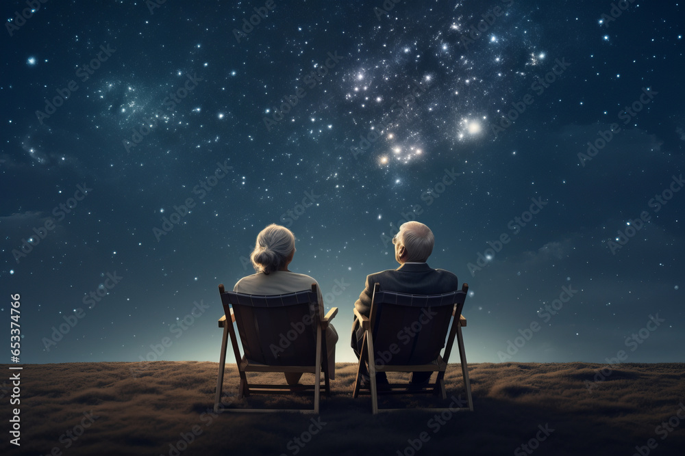 Lovely senior couple sitting in lounge chairs stargazing under starry ...