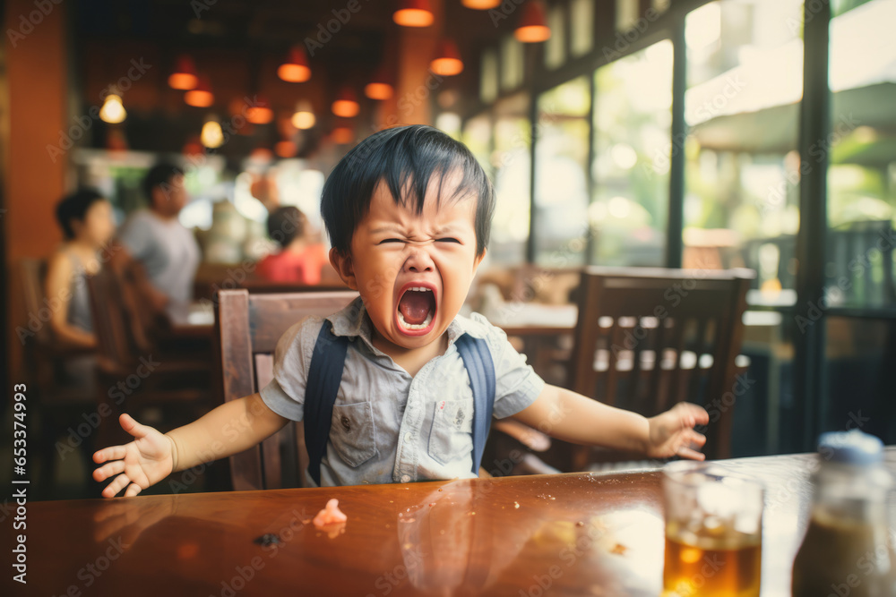 Toddler having a temper tantrum in a restaurant or cafe. Sad child screaming in anger in public ...