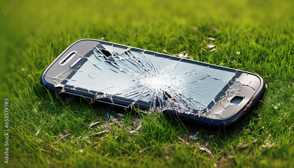 Shattered broken mobile phone on grass Stock Photo | Adobe Stock