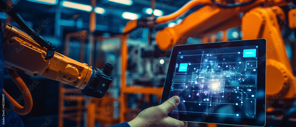 Engineer hand using tablet with machine real time monitoring system software. Automation robot ...