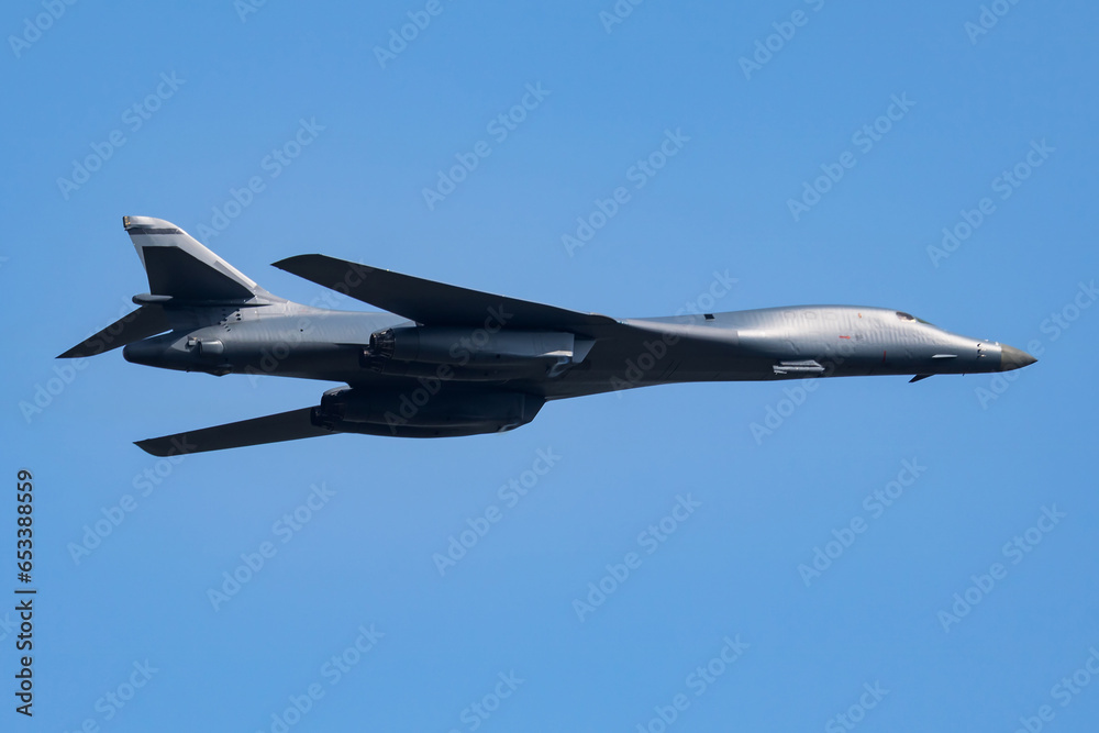 Strategic bomber plane at air base. Air force and army. Airport and ...