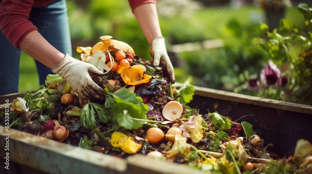 stockphoto, Person composting food waste in backyard compost bin garden ...