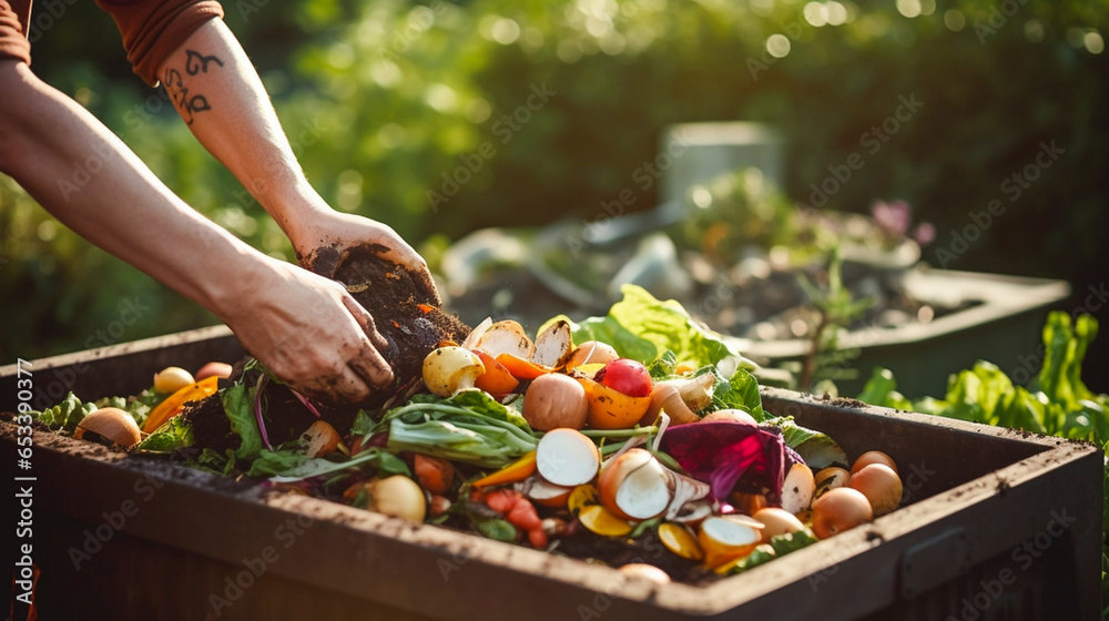 stockphoto, Person composting food waste in backyard compost bin garden ...