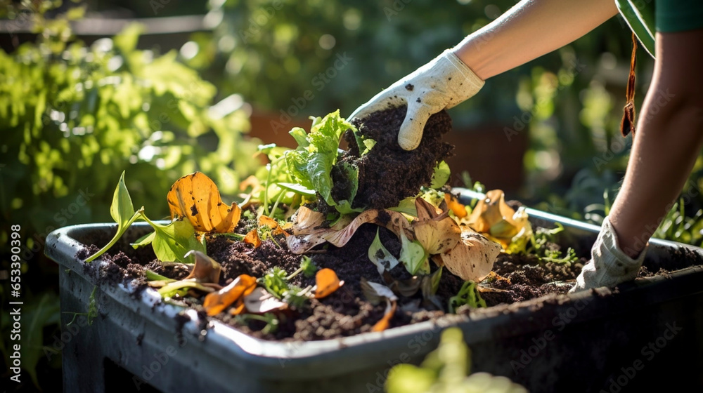 stockphoto, Person composting food waste in backyard compost bin garden ...