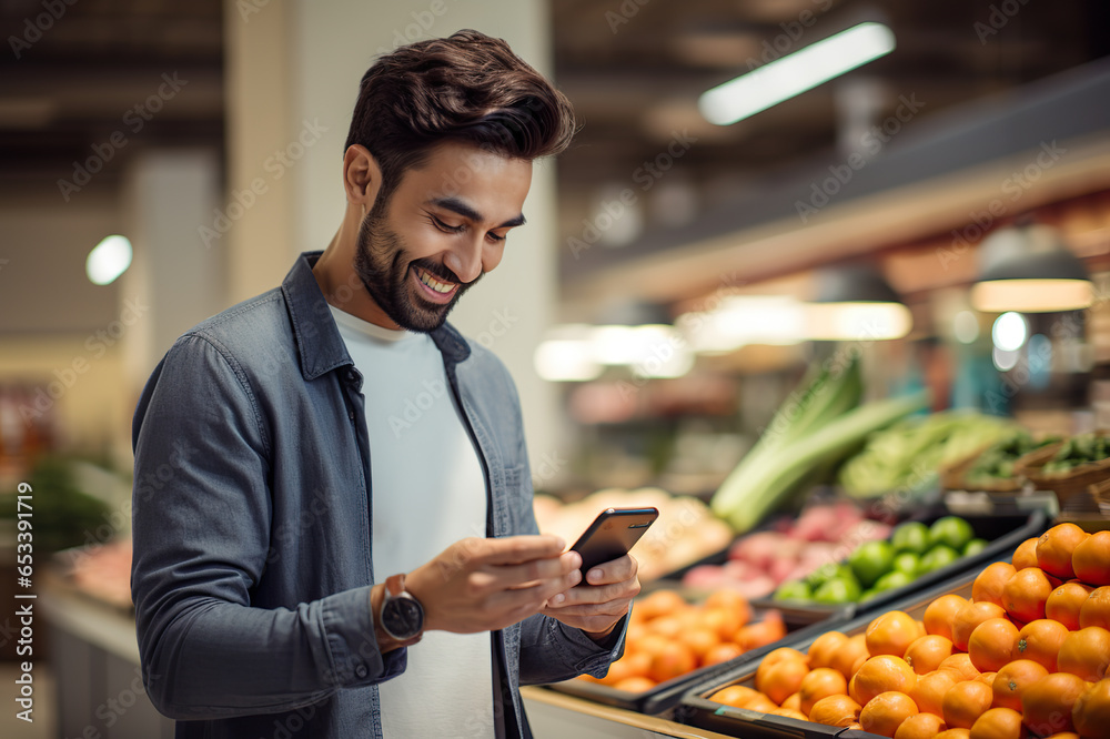 Tech-Savvy Grocery Adventure Cheerful Young Man Using Smartphone for ...