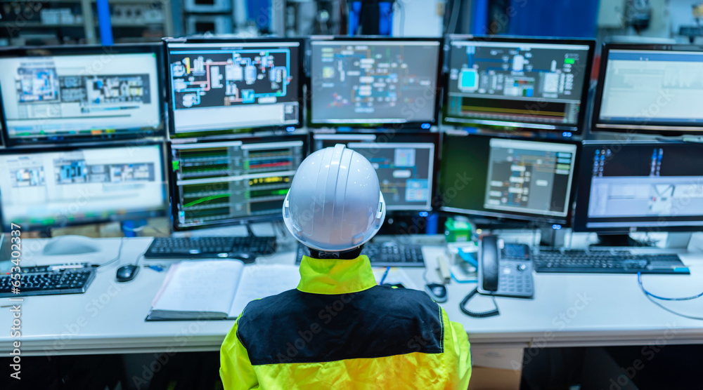 Inside the large Industry Factory Female Computer Engineer Works on ...