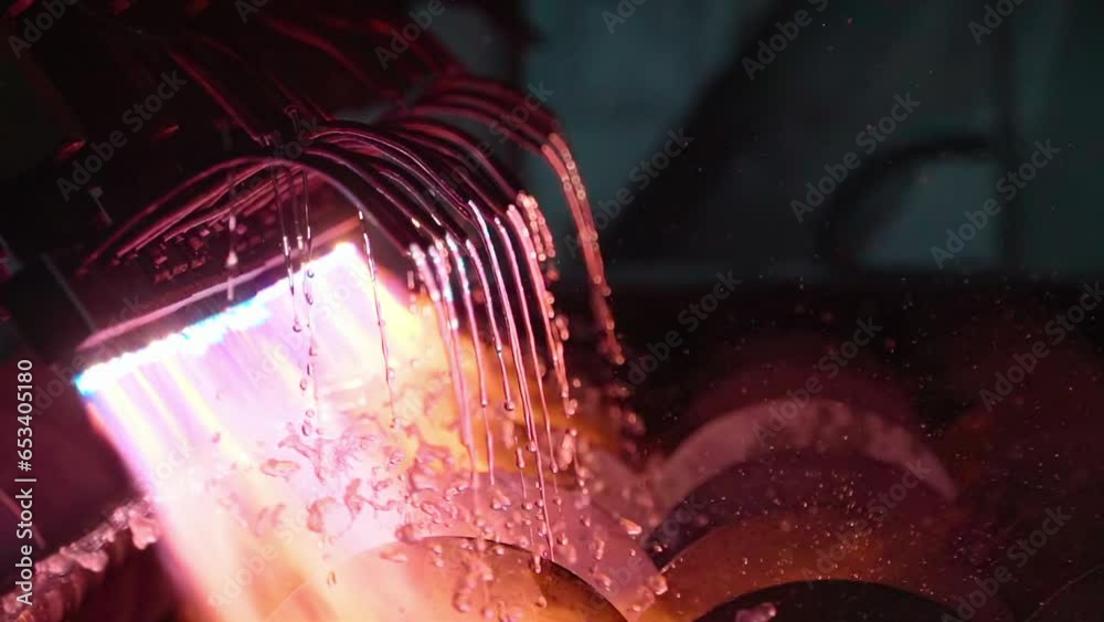 Flames of fire are coming out of automated heavy equipment at a factory ...