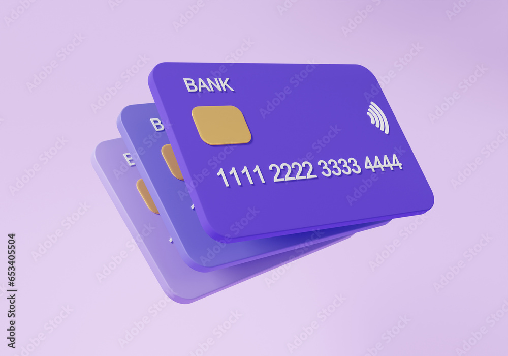 Purple credit or debit card floating on pastel background. shopping ...