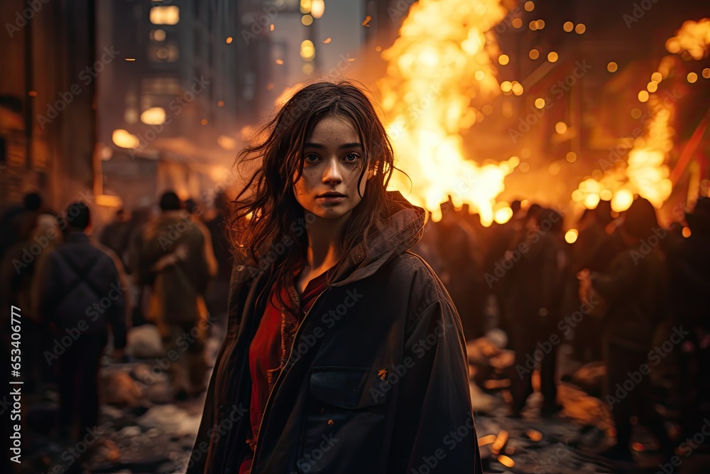 dark aesthetic photo, a girl amidst a chaotic street protest in a city ...