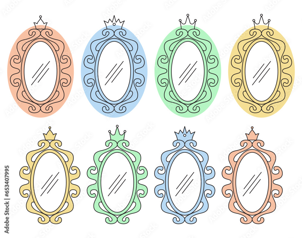 Mirrors with reflections.Antique accessory.Princes magical mirror.Hand drawn doodle mirror with ...